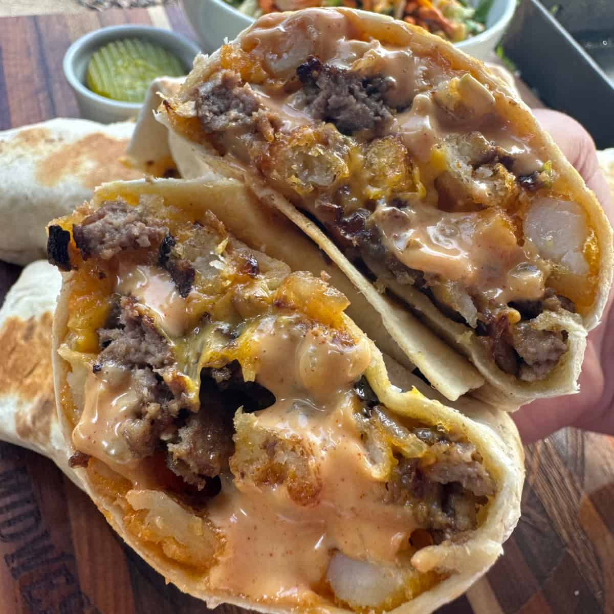 Animal Style Cheese Burger Burritos - Cooking in the Midwest